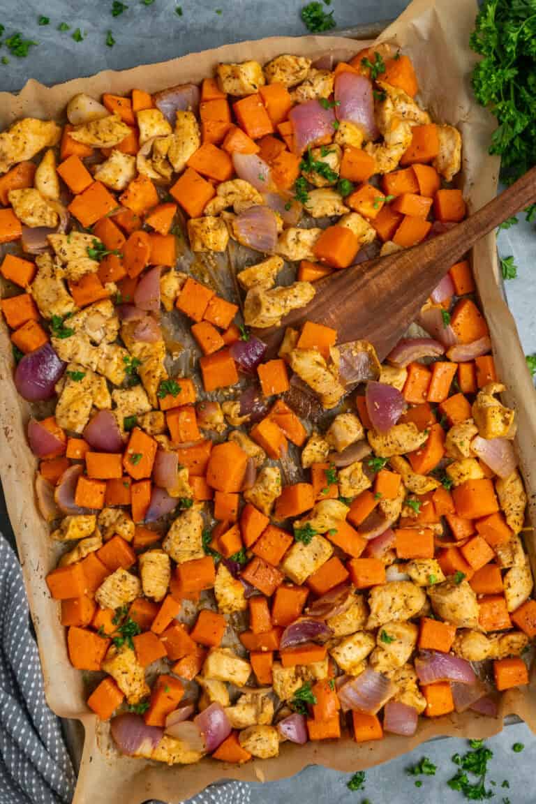 Sheet Pan Chicken and Sweet Potatoes - The Cooking Duo